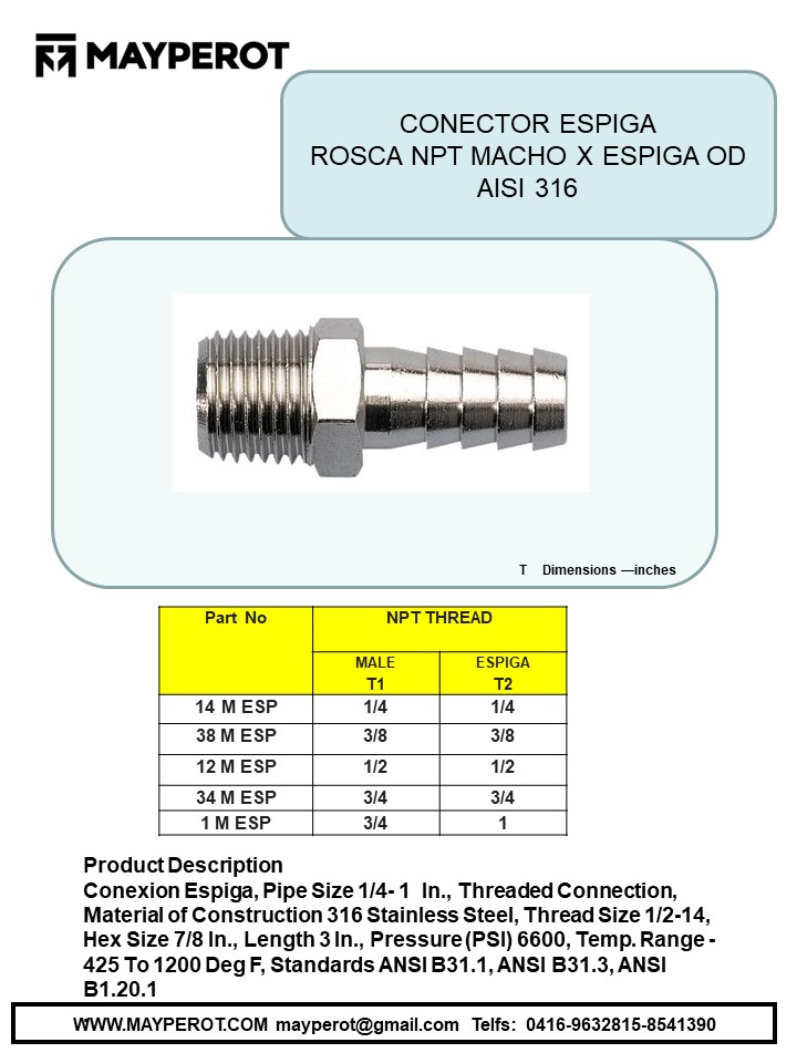 conectores manguera tipo espiga. conexion mnpt x espiga OD